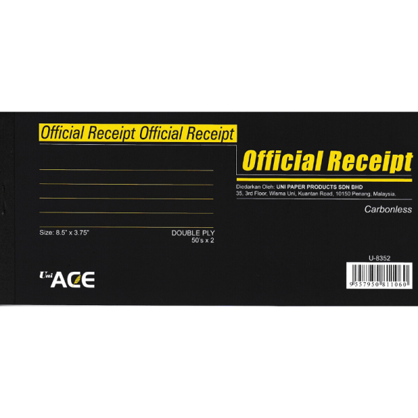 Uni Ace U-8352 Offial Receipt 8.5" x 3.75" 50's x 2 NCR Carbonless ...