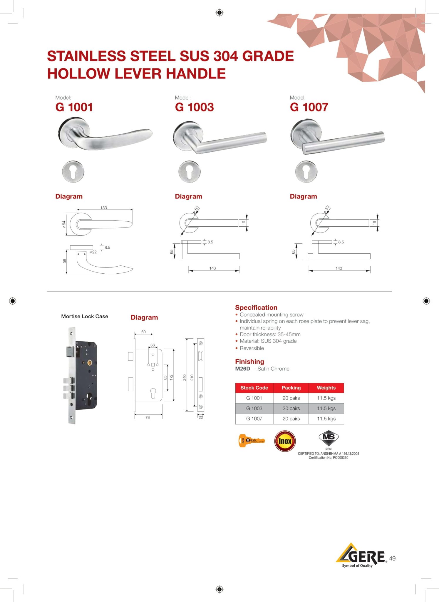 GERE G1007, GML-8561, GC601S HOLLOW LIVER HANDLE C/W MORTISE CASE ...