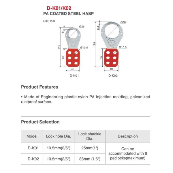 LOTO Safety Lockout Steel Hasp D-K02, 38mm (1.5in) PA Coated Steel Hasp ...